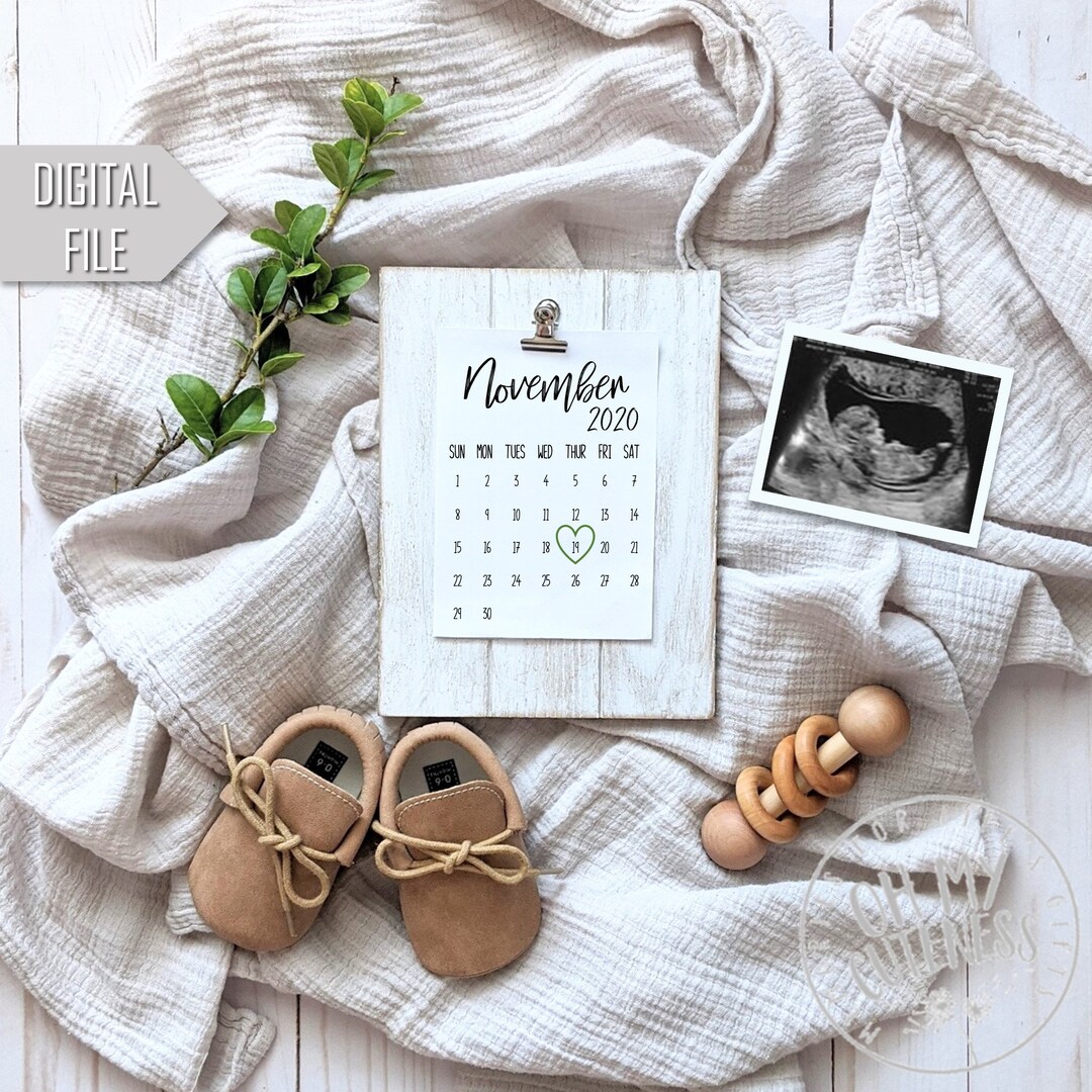 Gender Neutral Digital Pregnancy Announcement | Due Date Calendar Baby ...