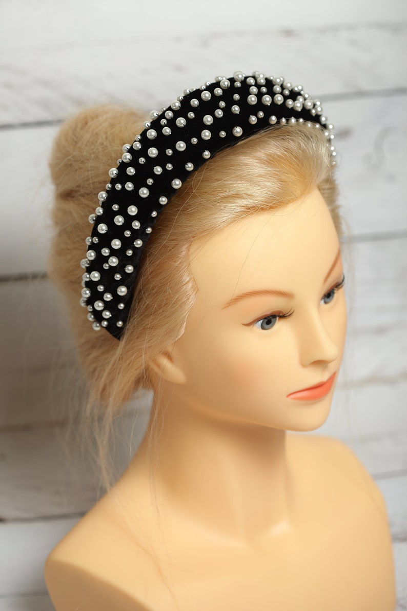 Black Pearl Headband Beaded Headbands Velvet Pearl Padded Etsy