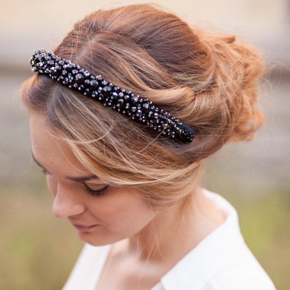 Beaded Headband Black Beaded Headband Crystal Beaded Headband Etsy