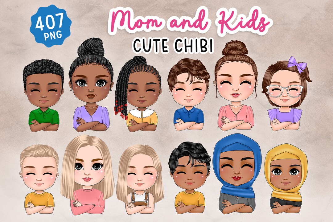 Cute Chibi Mom and Kids Clipart, Child Png, Children Clipart, Sons ...