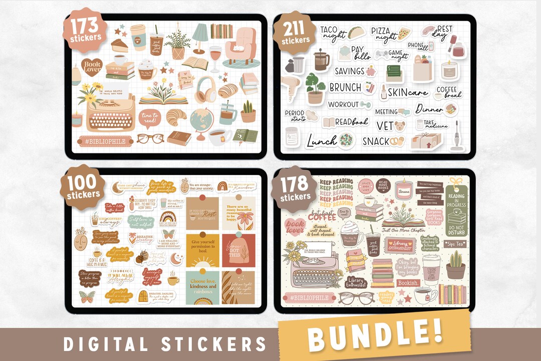 Cute Digital Sticker Bundle, Minimalist Design, Book Lover, Coffee Girl ...
