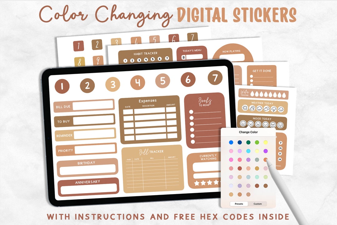 Color Changing Digital Stickers, Calendar Numbers, Goodnotes Stickers ...