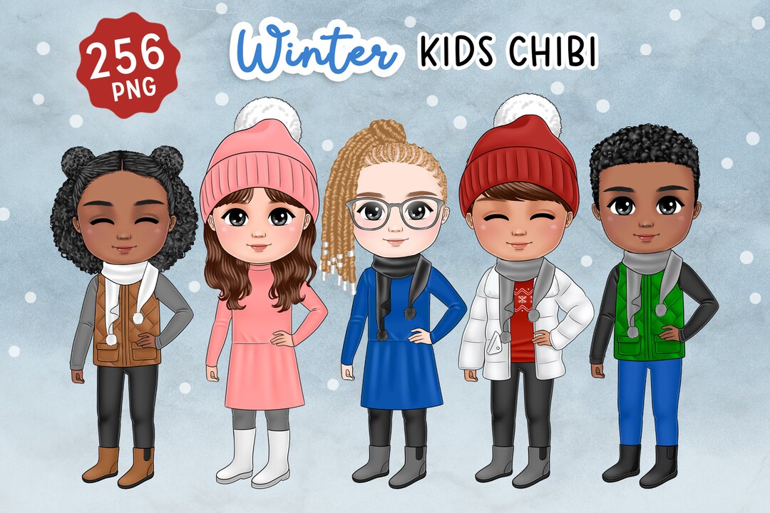 Cute Chibi Kids Wearing Winter Clothes, Christmas Children, Holiday ...