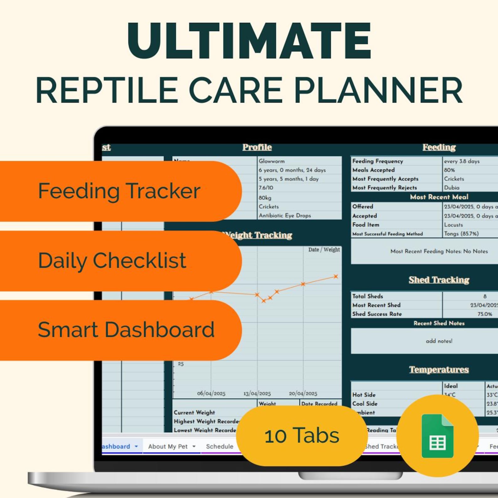 Reptile Care + Health Spreadsheet | 10-in-1 Tracker for Gecko & Exotic ...