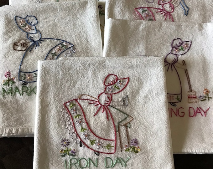 Adorable Colonial Girls Hand Embroidered Cotton Tea Towel Set of Seven ...
