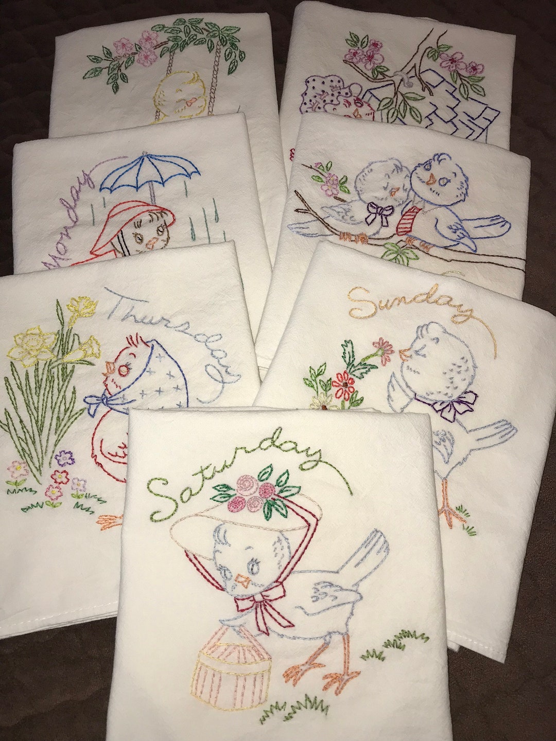 Birds of a Feather Hand Embroidered Cotton Flour Sack Tea Towels Seven ...
