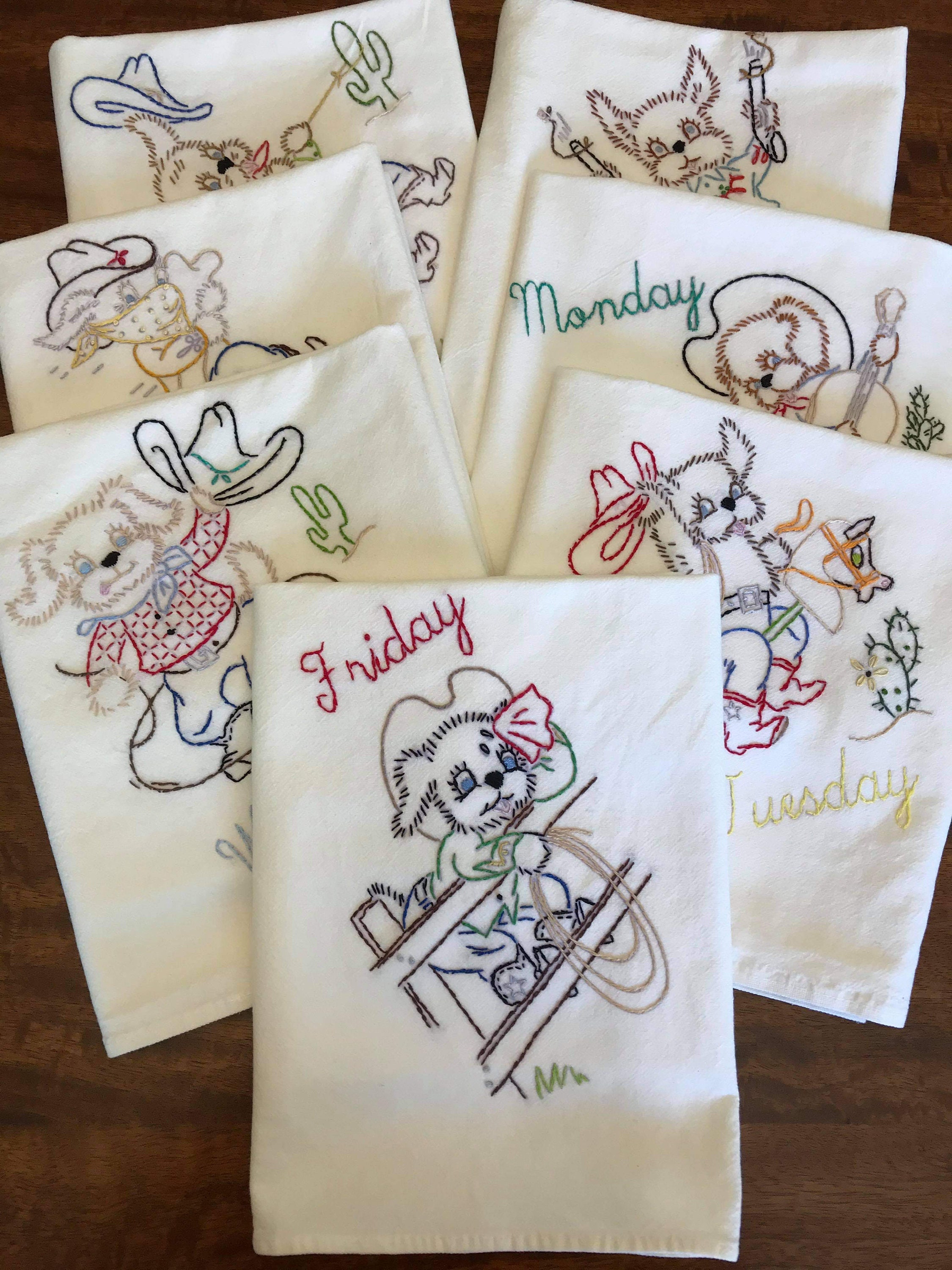 Hand Embroidered Cowboy Flour Sack Cotton Towels Seven Days a Week - Etsy