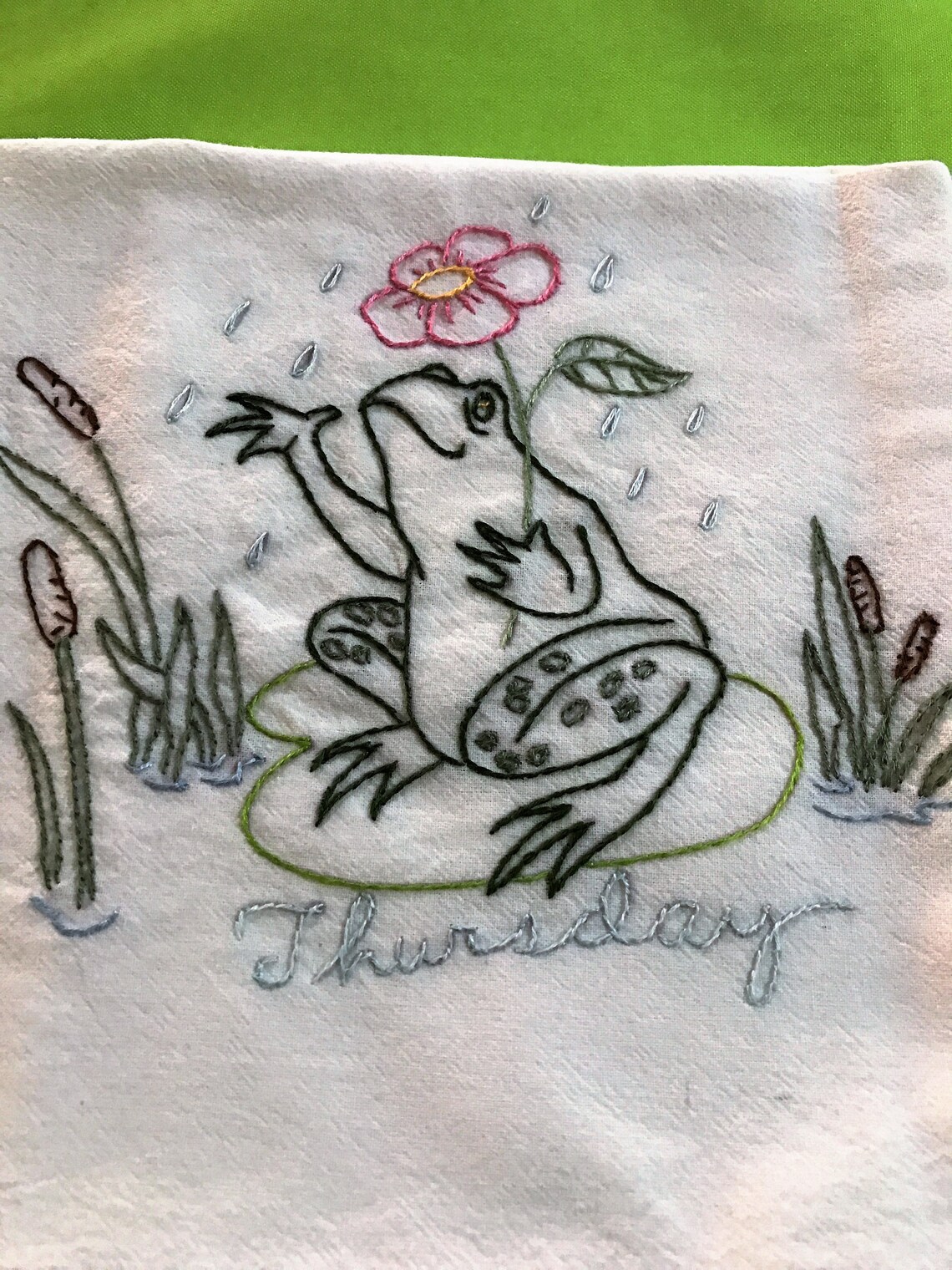 Hand Embroidered Cotton Kitchen Towels Seven Days a Week Frog Flour ...