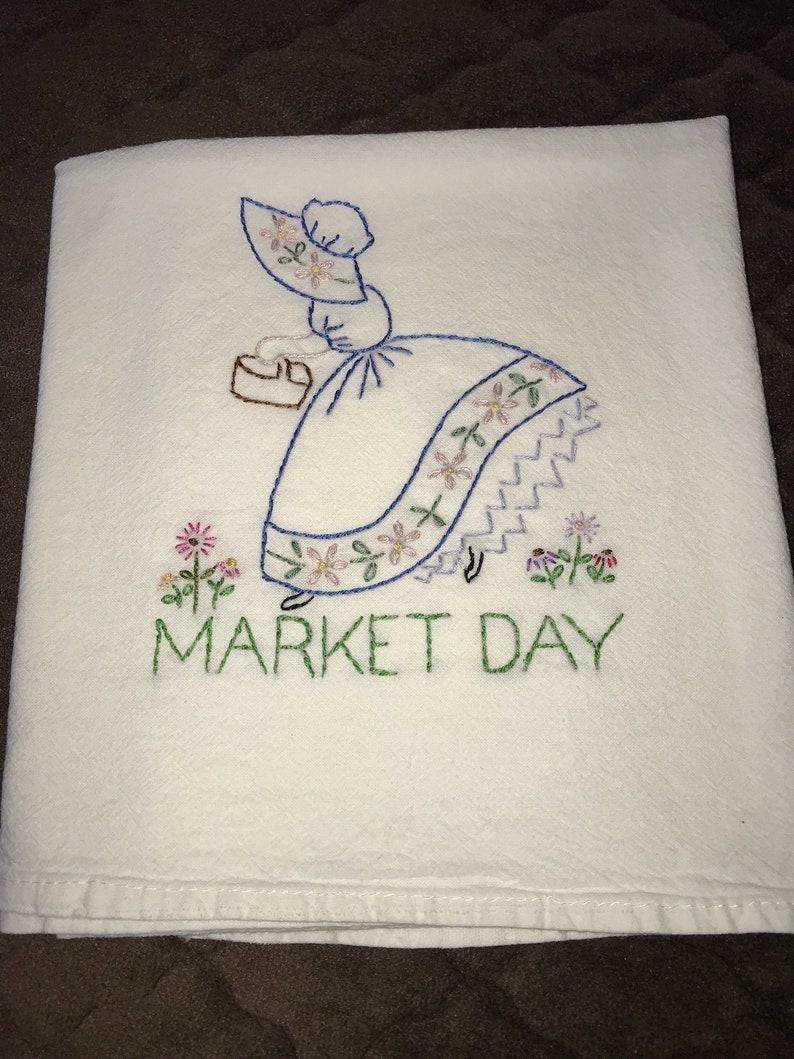Adorable Colonial Girls Hand Embroidered Cotton Tea Towel Set of Seven ...