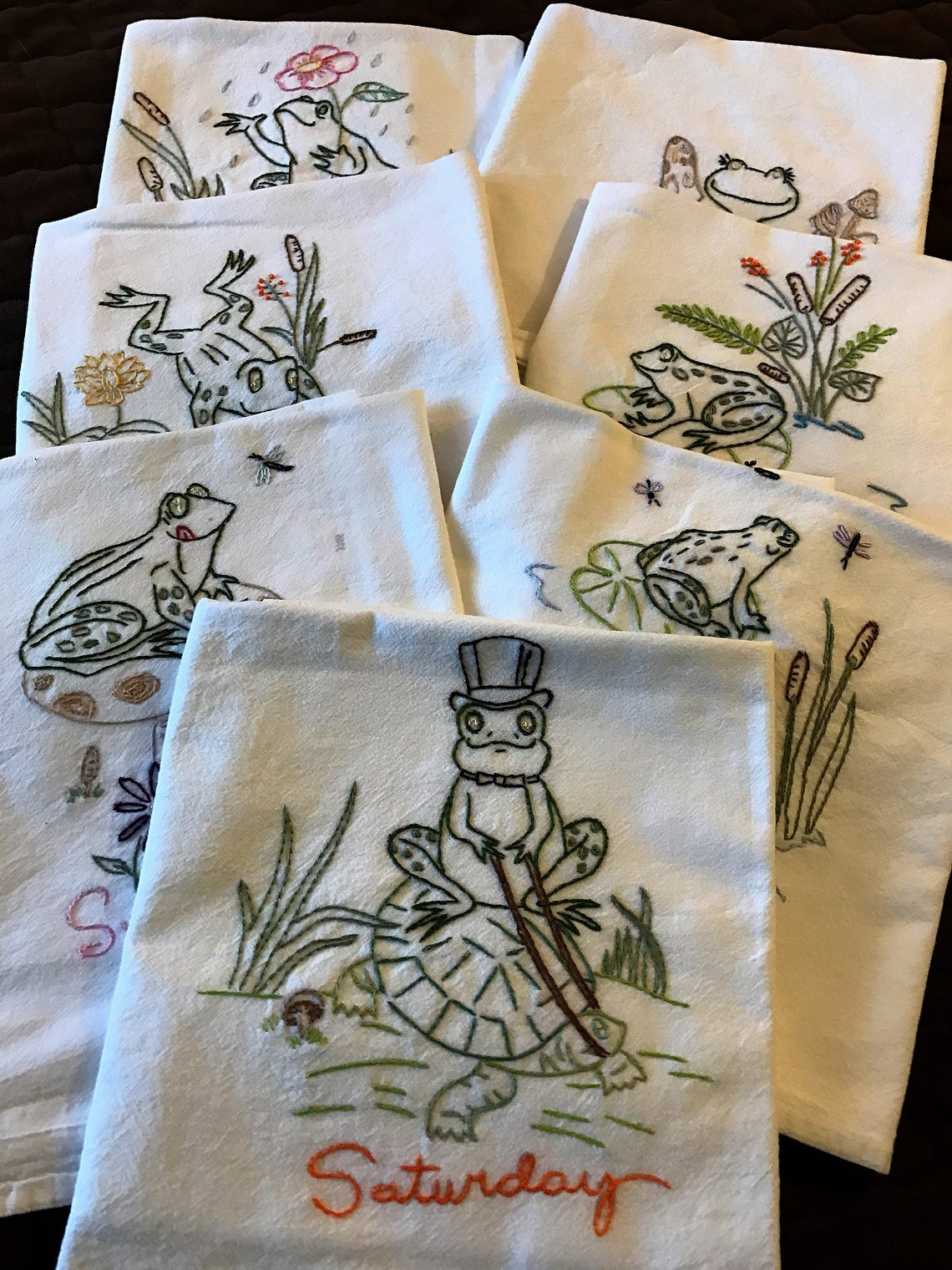 Hand Embroidered Cotton Kitchen Towels Seven Days a Week Frog Flour ...