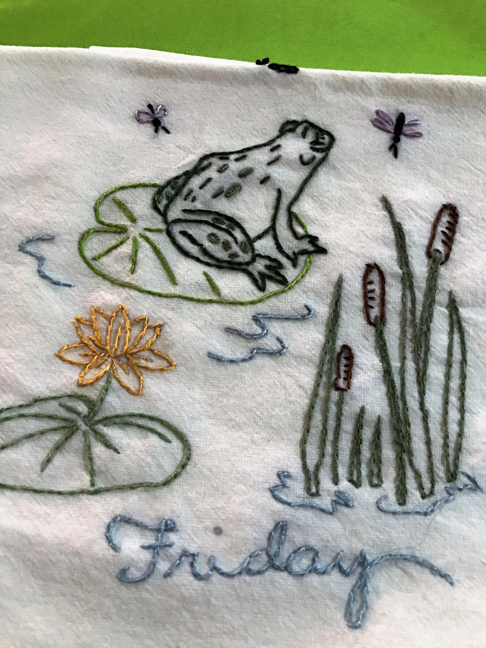 Hand Embroidered Cotton Kitchen Towels Seven Days a Week Frog Flour ...