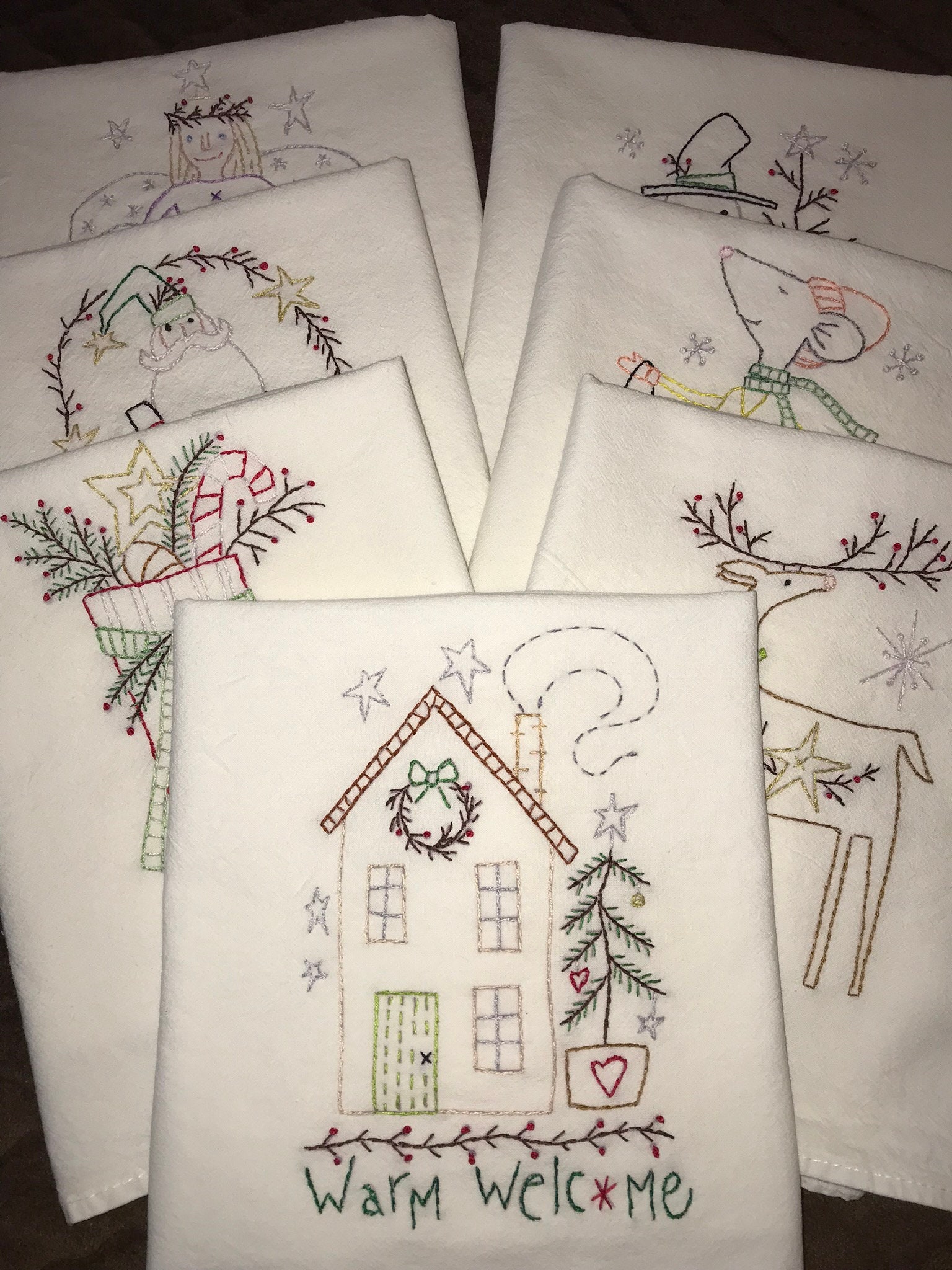 Primitive Christmas Hand Embroidered Cotton Tea Towels Set of Seven - Etsy