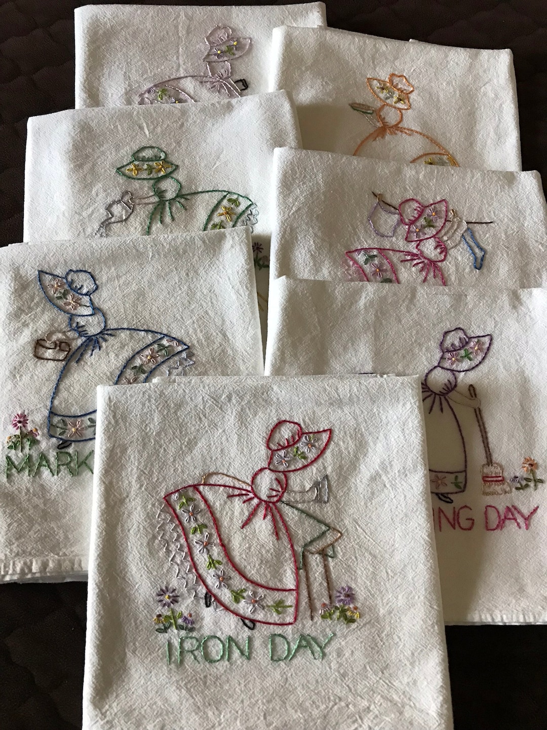 Adorable Colonial Girls Hand Embroidered Cotton Tea Towel Set of Seven ...