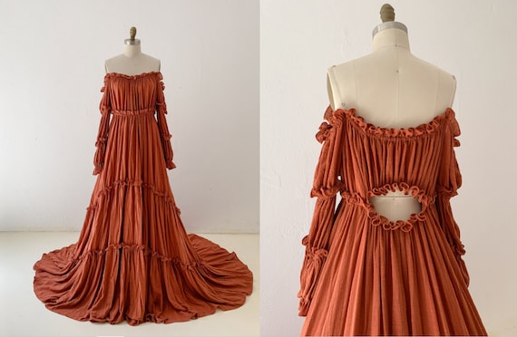 Off Shoulder Long Sleeves Rust Linen Maternity Dress for Photo - Etsy