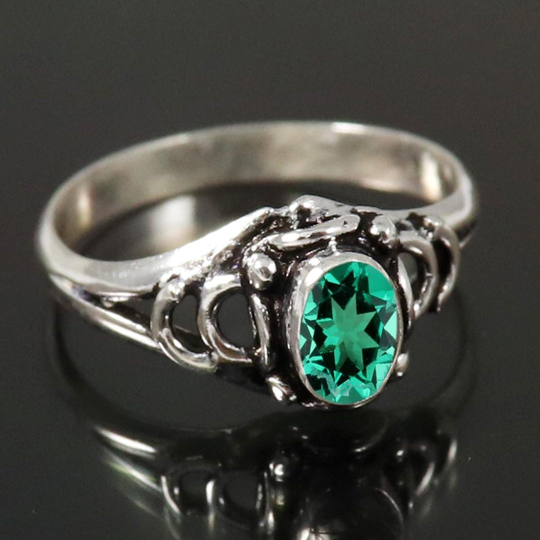 Emerald Lap Grown Gemstone Sterling Silver Ring : Handmade Dainty Ring ...