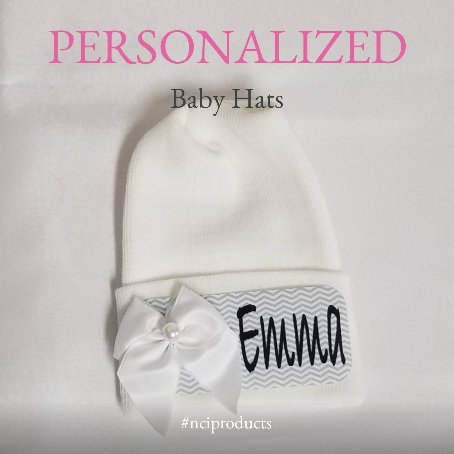Personalized Baby Girl Hat With Name and Bow. Gray Chevron - Etsy