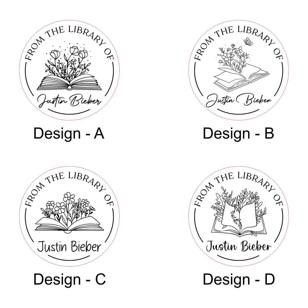 Custom Name Library Stamp With Books and Flowers Image - Personalized ...