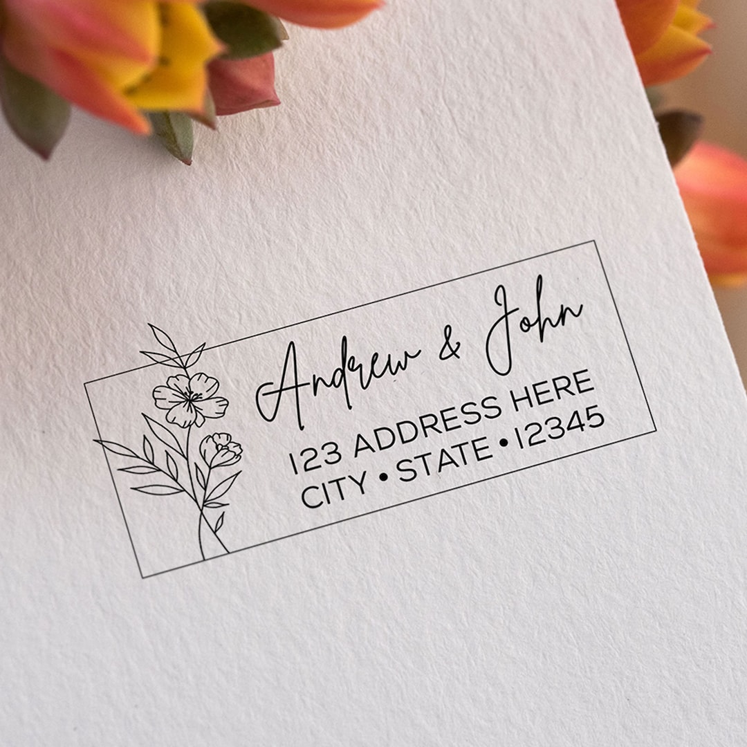 Personalized Couple Name and Address Stamp With Elegant Flower Design ...
