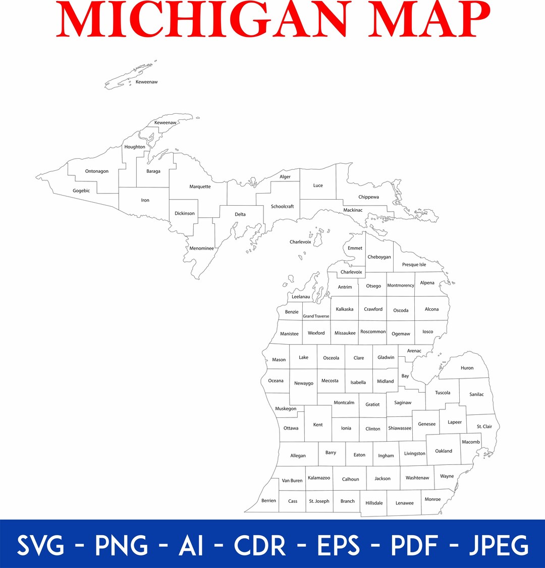 Michigan County Map Outline Digital Download | USA Map Clipart Cut File ...