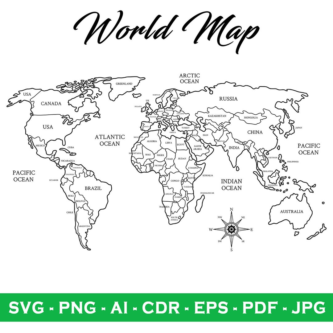 World Map Outline Digital Download | Map Clipart Cut File | Travel ...