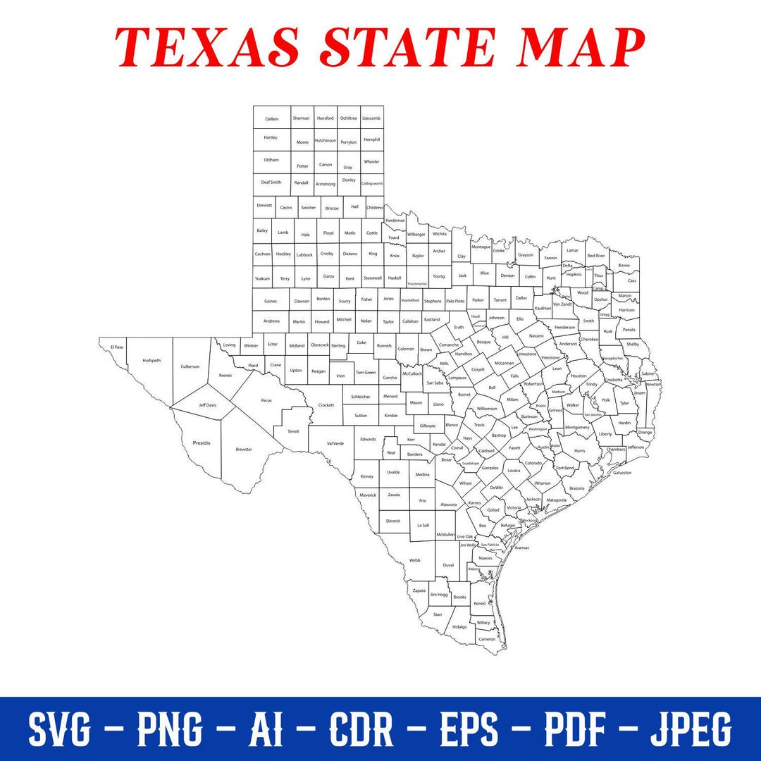 Texas County Map Outline Digital Download | USA Map Clipart Cut File ...
