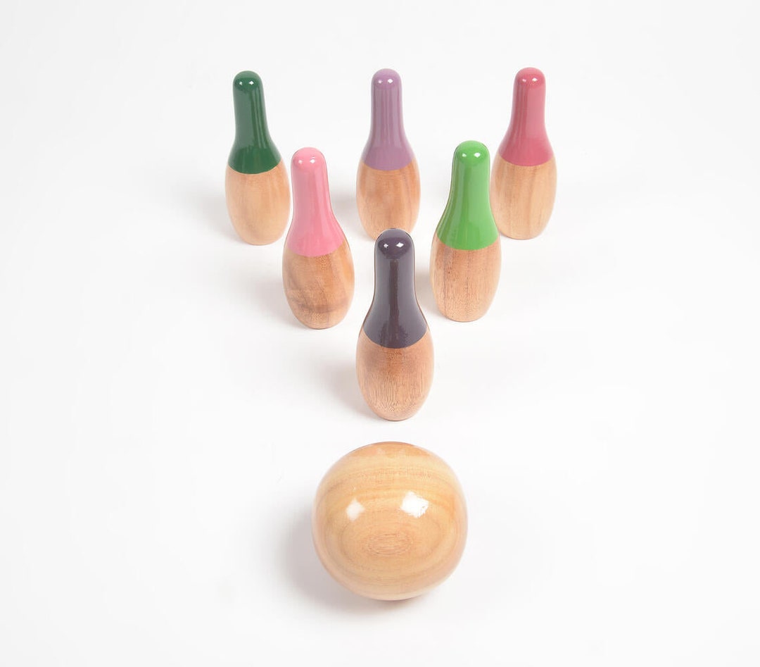 Turned Mango Wood Mini Bowling Pins Set for Kids | Aesthetically ...