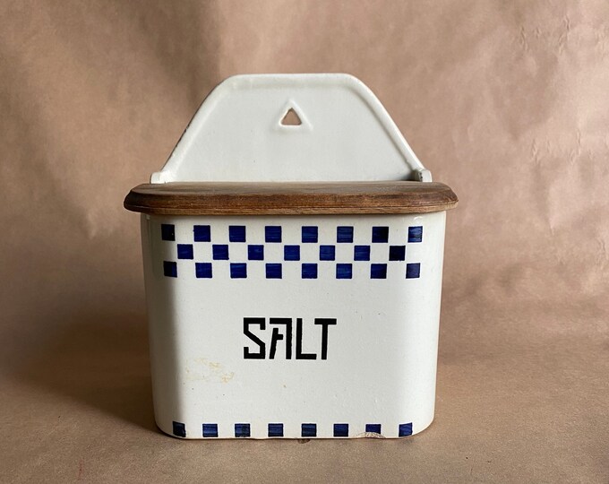 White and Blue Salt Celler Kitchen Canisters Vintage Kitchen 1950s ...