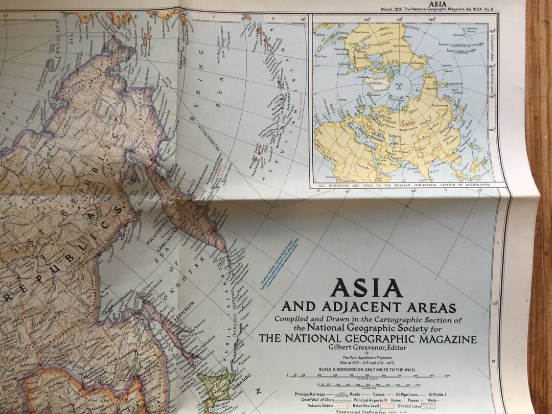 1951 Map of Asia and Adjacent Areas National Geographic Map - Etsy