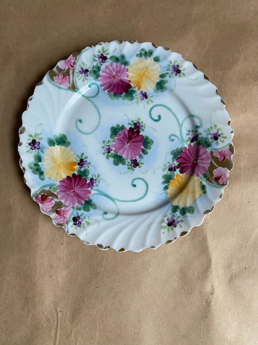 Pink and Yellow Floral Plate Scalloped Gold Leaf Edge - Etsy