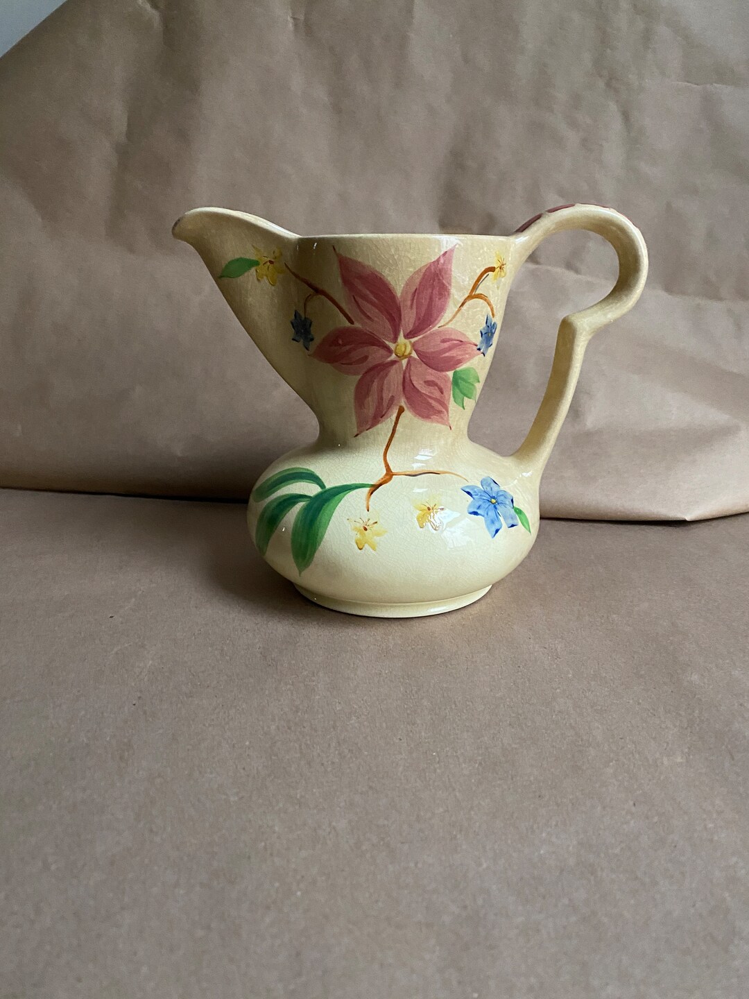 1940s Pink Flower Ceramic Pitcher Pottery Guild of America Hand Painted ...