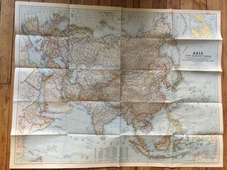 1951 Map of Asia and Adjacent Areas National Geographic Map - Etsy