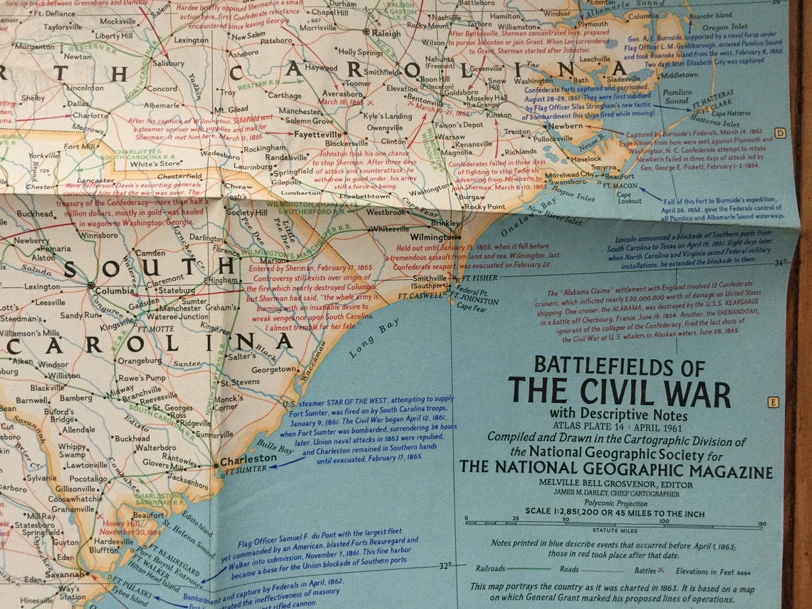 1961 Map of Battlefields of the Civil War National Geographic - Etsy ...