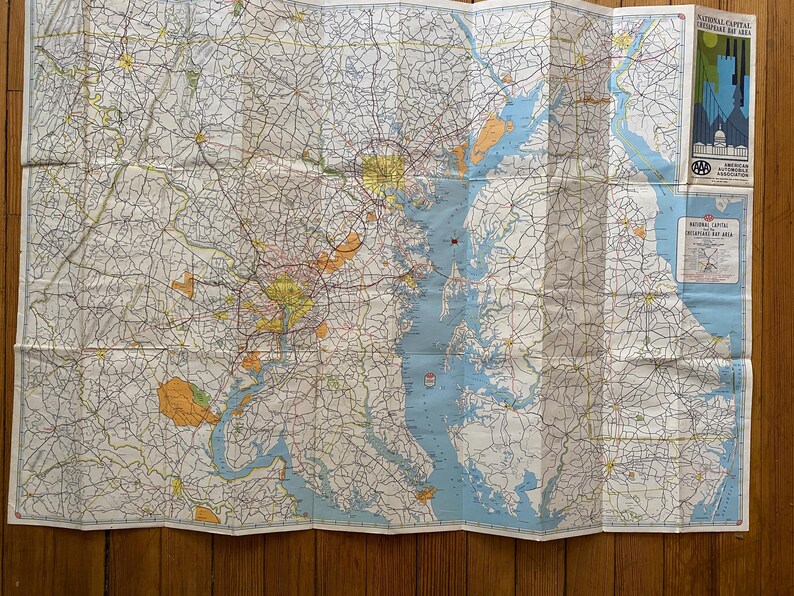 1964 AAA Map of Chesapeake Bay Area Washington DC Baltimore Double Side ...
