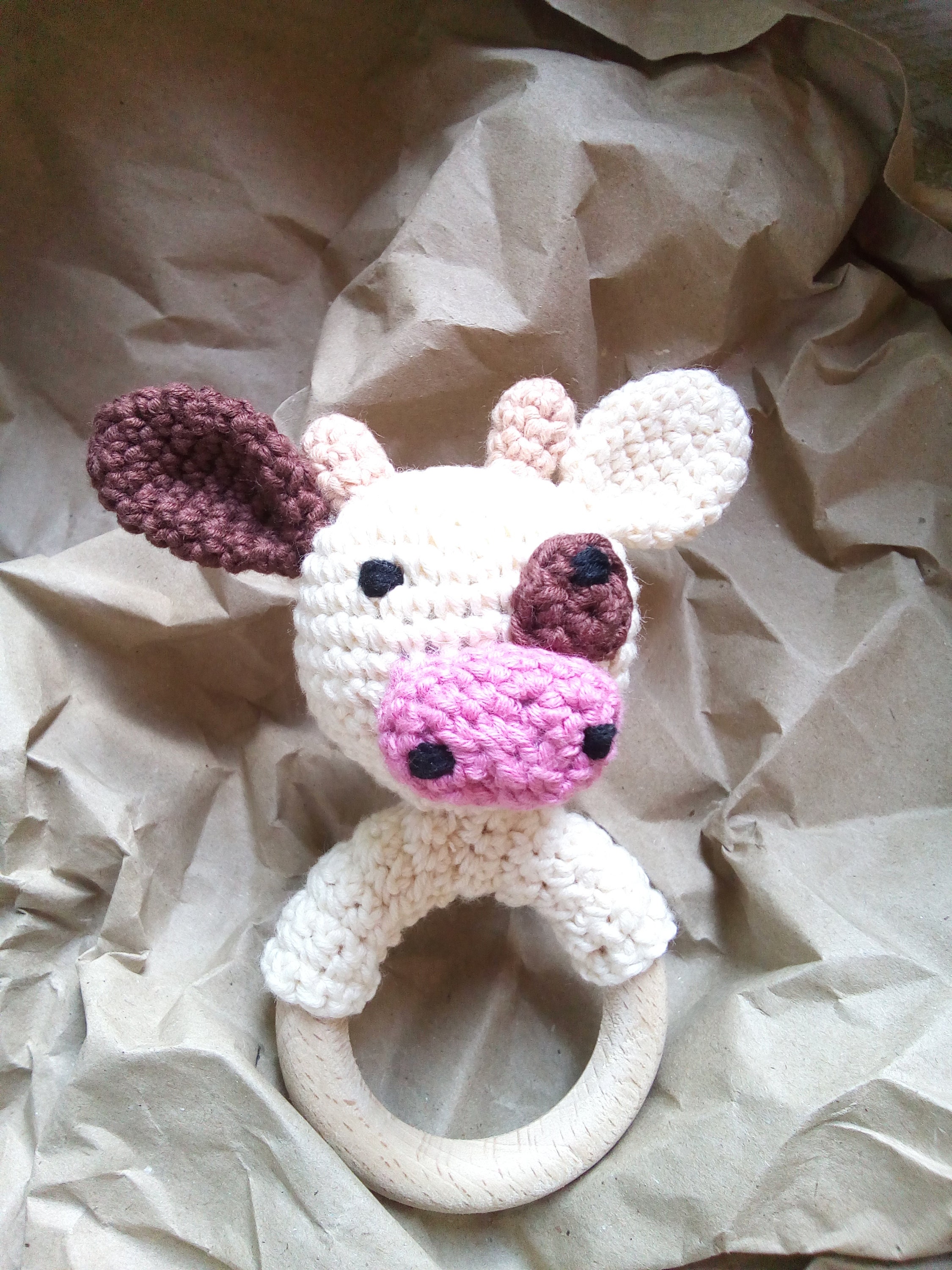 Crochet Cute Cow Natural Wooden Ring Teether Organic Cotton - Etsy