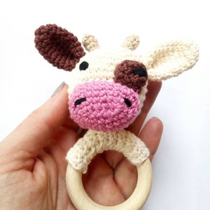 Crochet Cute Cow Natural Wooden Ring Teether Organic Cotton - Etsy