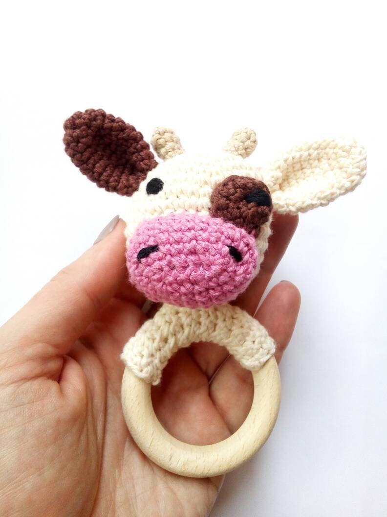 Crochet Cute Cow Natural Wooden Ring Teether Organic Cotton - Etsy