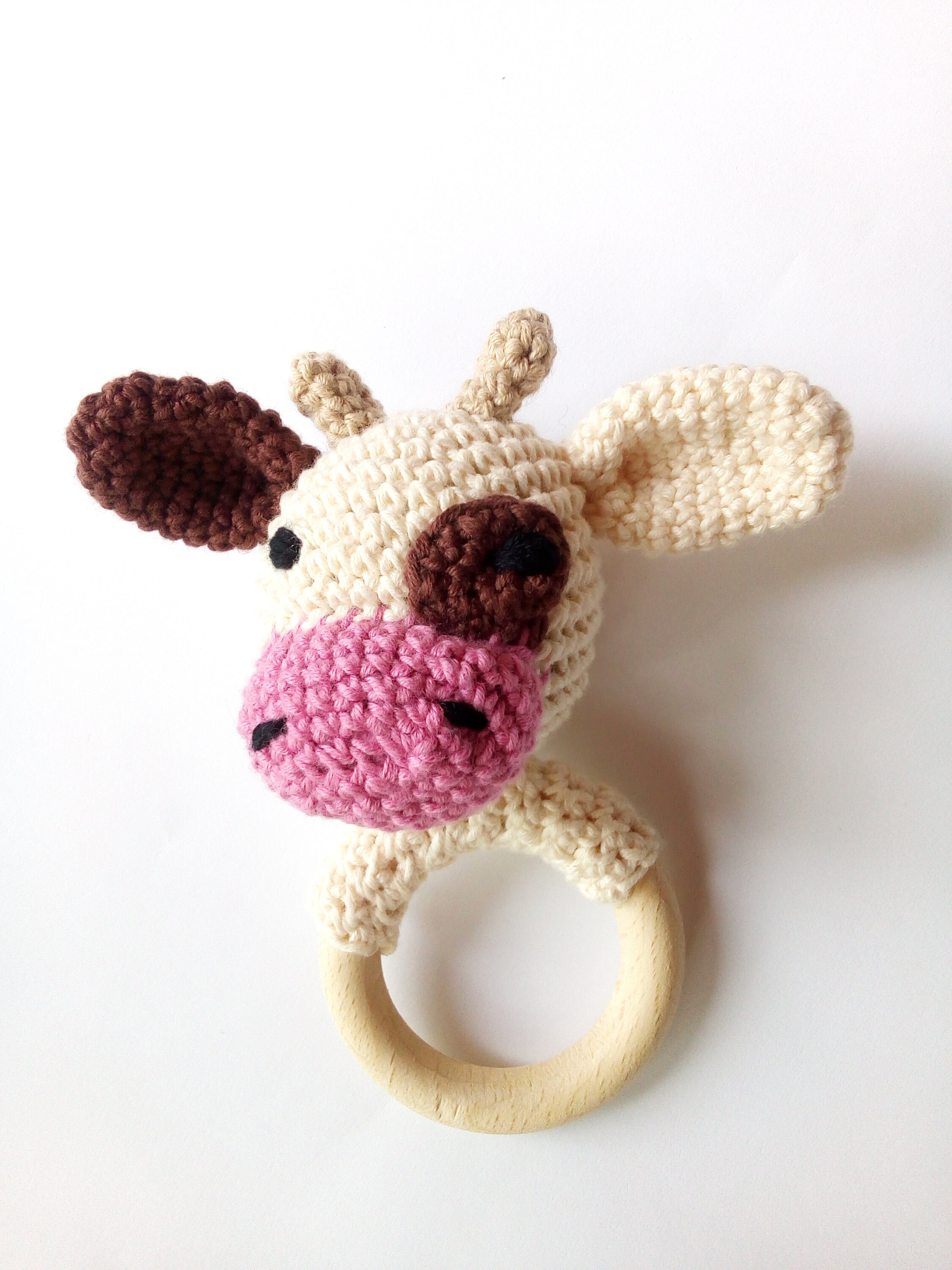 Crochet Cute Cow Natural wooden ring teether Organic cotton | Etsy