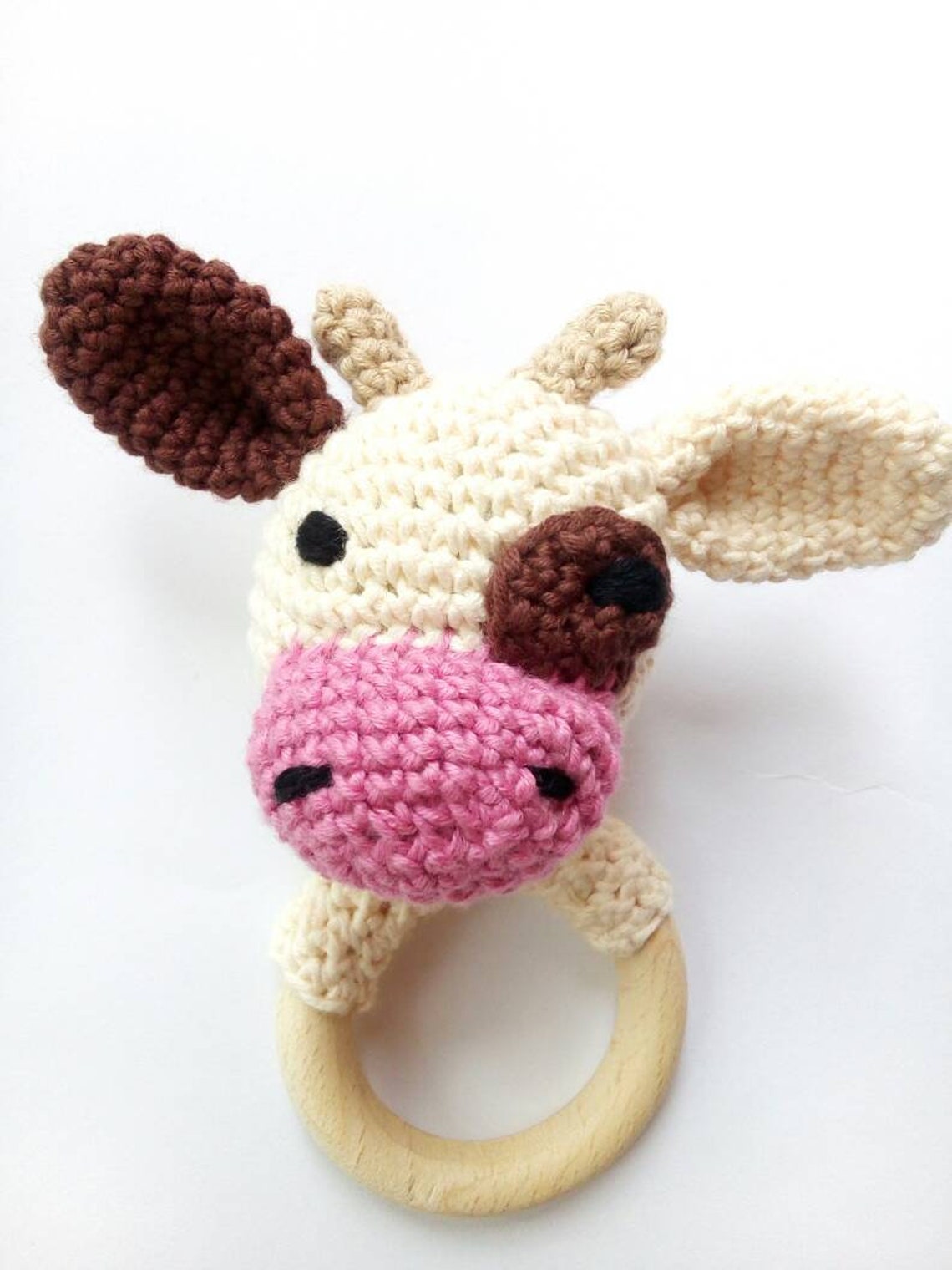 Crochet Cute Cow Natural wooden ring teether Organic cotton | Etsy