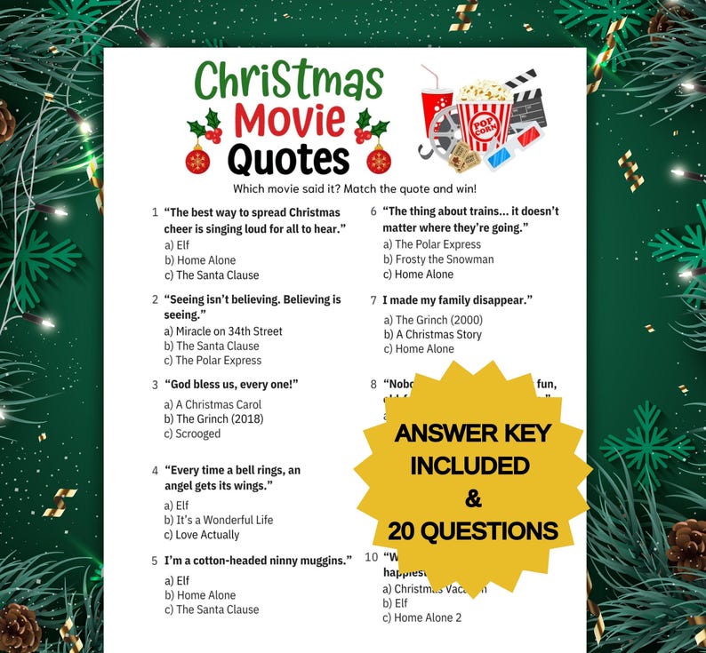 Christmas Movie Quote Trivia Game: Printable Holiday Party Quiz (PDF ...