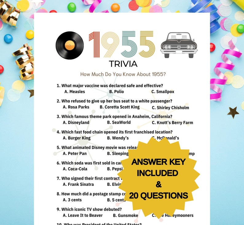 1955 Birthday Trivia Game: 70th Birthday Party Icebreaker (printable ...