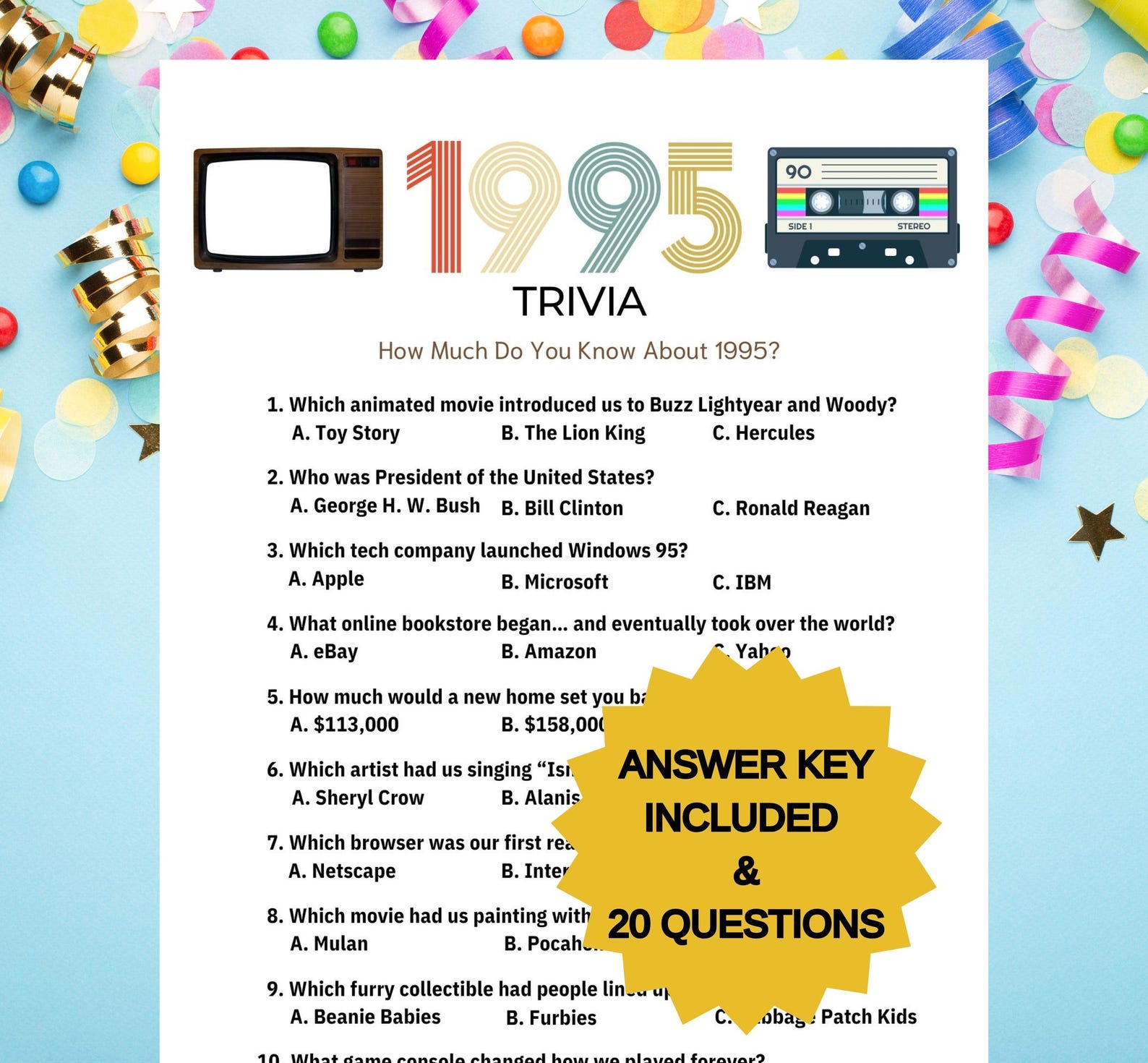 1995 Trivia Birthday Game: 30th Birthday Party (printable PDF) - Etsy