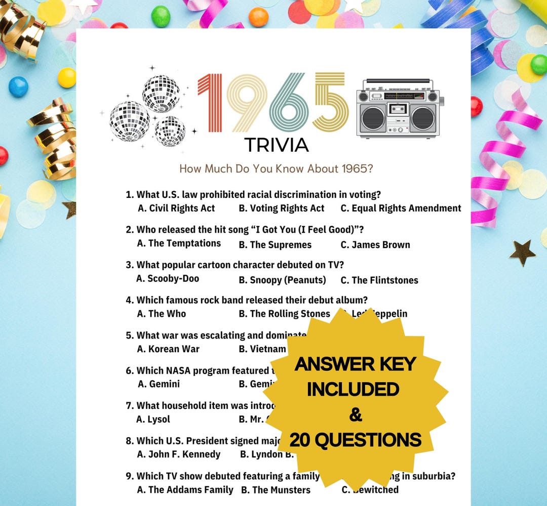60th Birthday 1965 Trivia Game: Retro Party (printable PDF) - Etsy