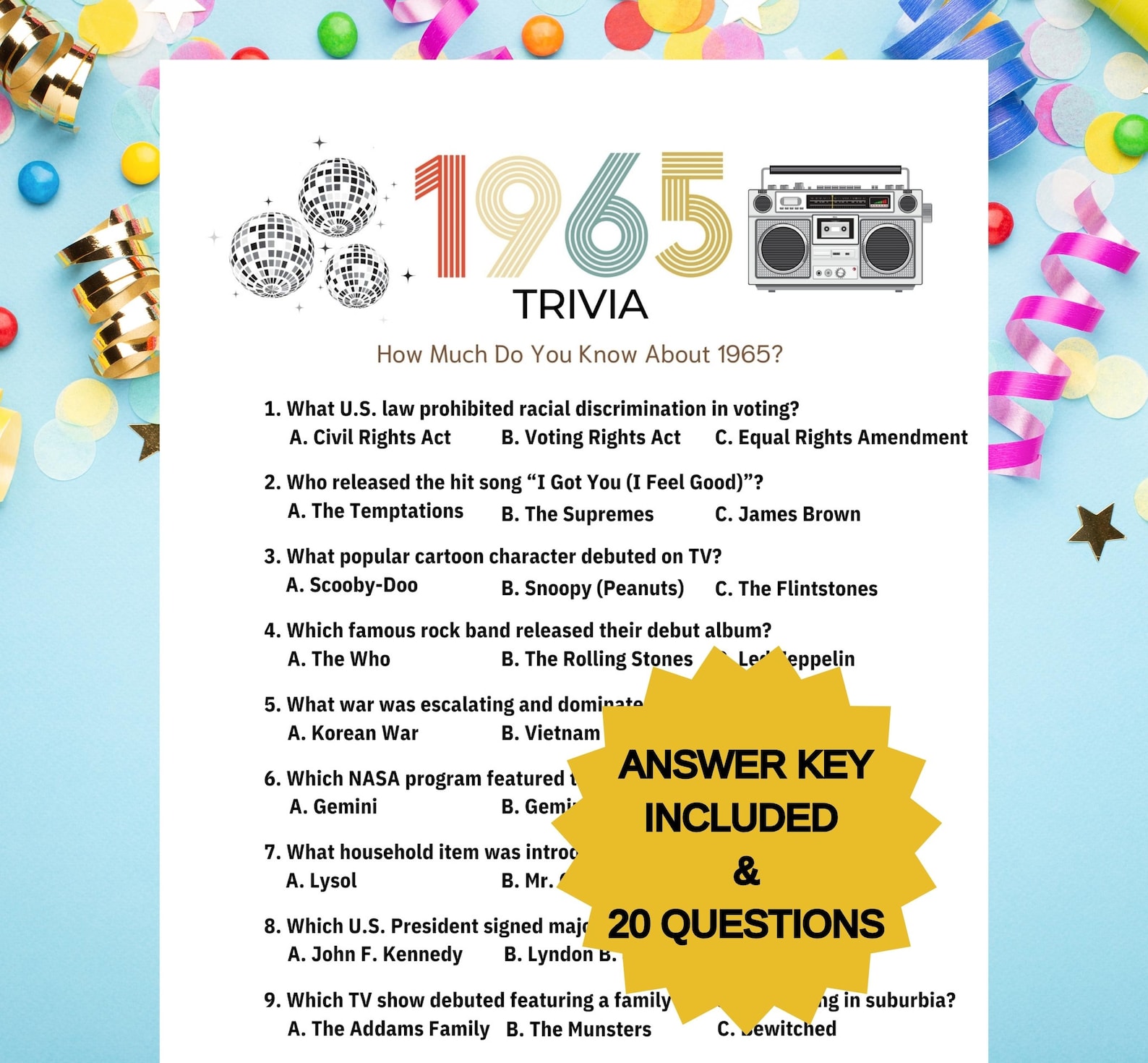 60th Birthday 1965 Trivia Game: Retro Party (printable PDF) - Etsy