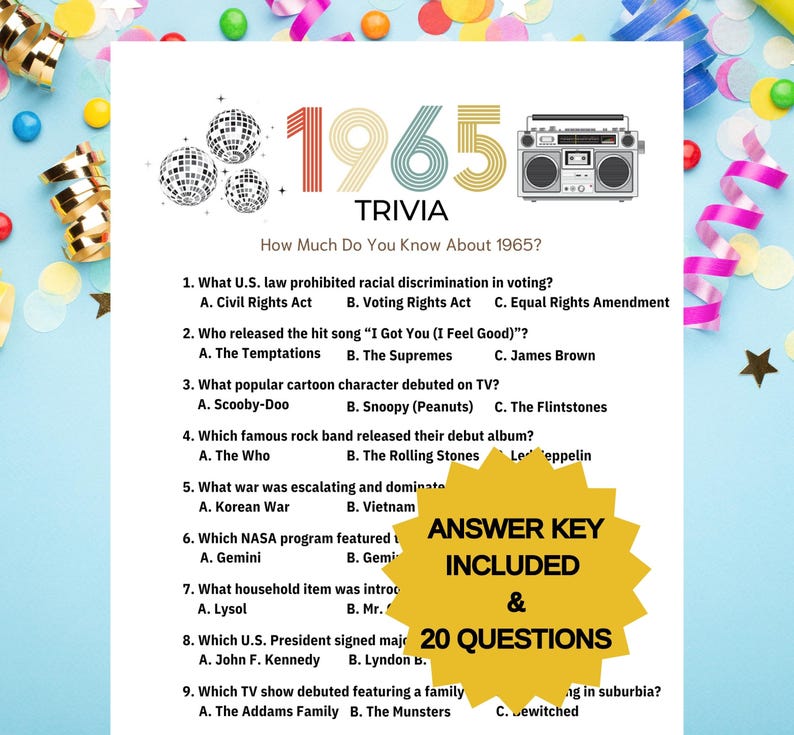 60th Birthday 1965 Trivia Game: Retro Party (printable PDF) - Etsy