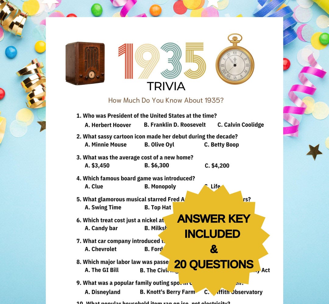1935 Trivia Birthday Game: 90th Birthday Party Icebreaker (PDF Download ...