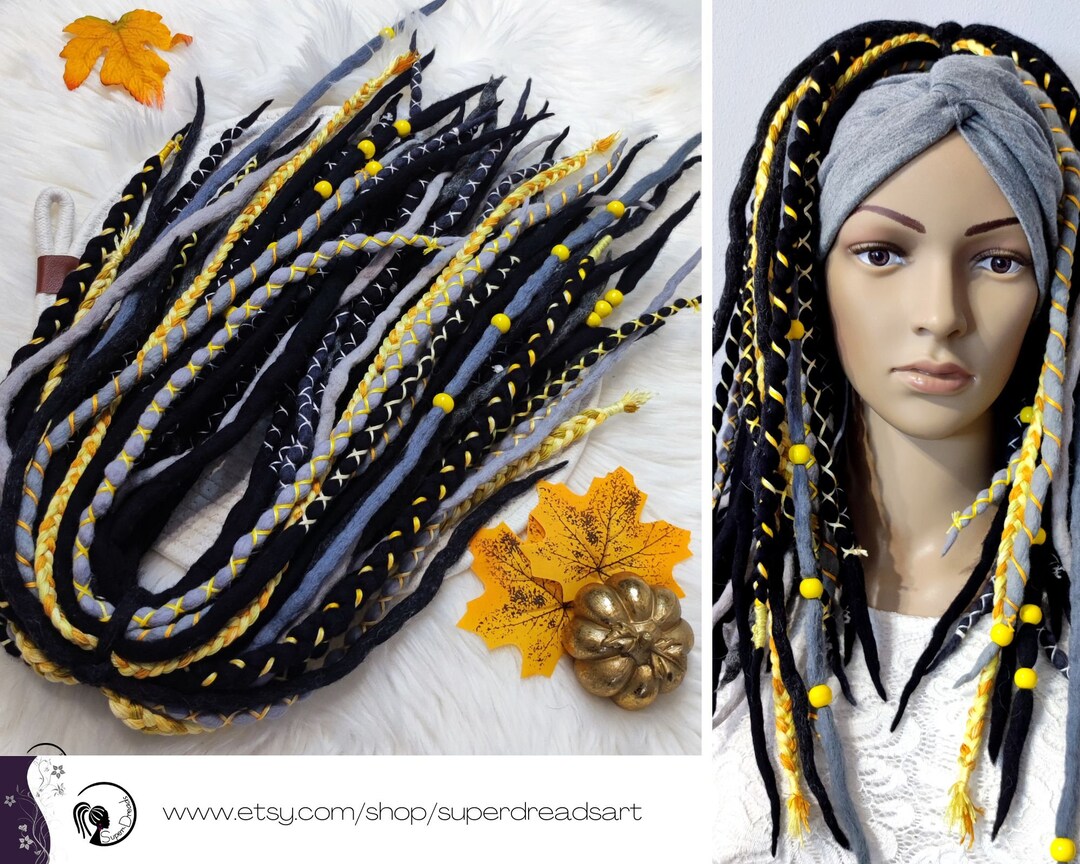 READY to Ship Full Set Wool Dreadlocks, Grey Yellow Dreads, Black ...
