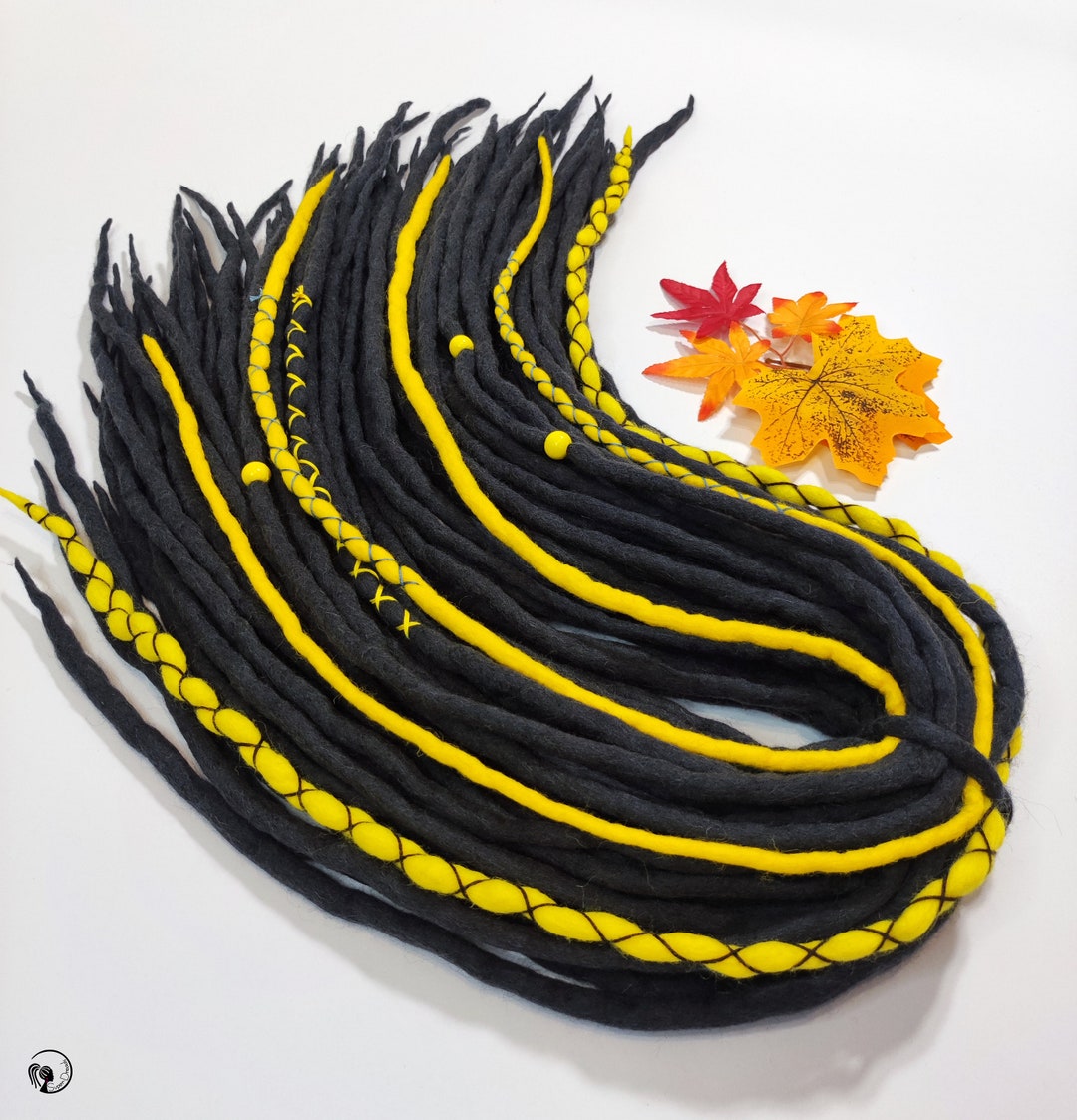 Full Set WOOL DREADLOCKS Extension, Grey and Yellow DREADS With Beads ...