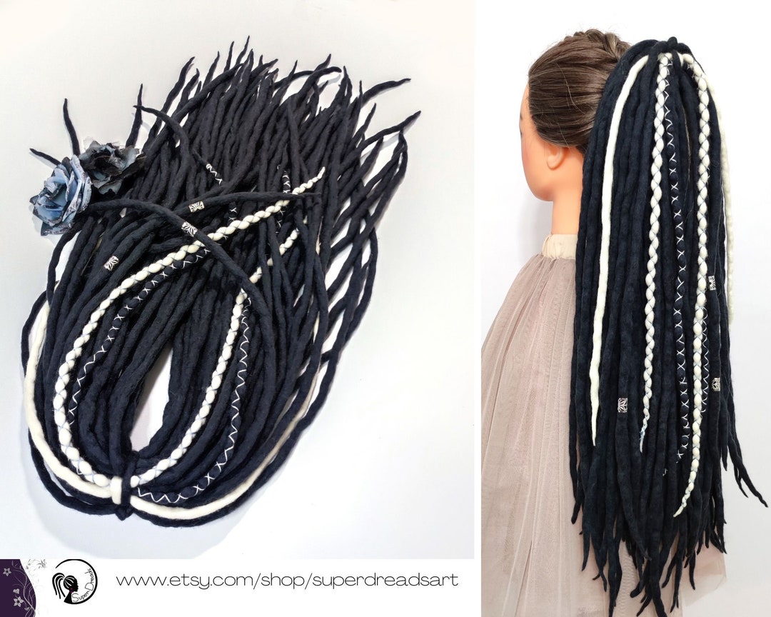 Full Set WOOL DREADLOCKS Extension, Grey and White DREADS With Beads ...