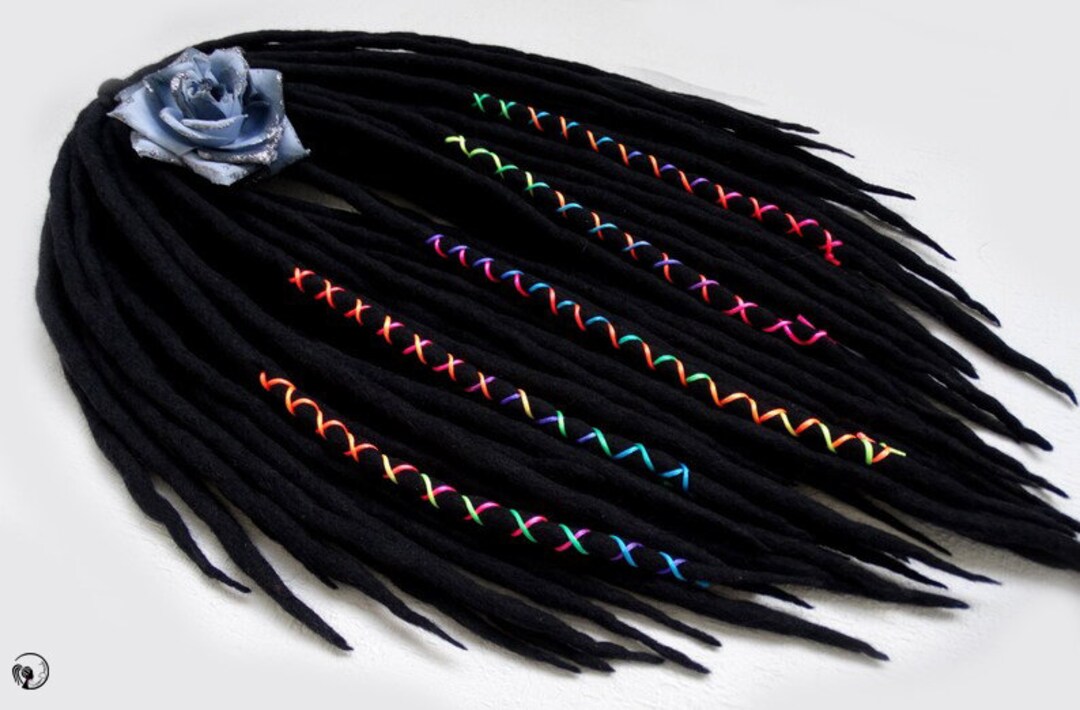 Full Set Wool DREADLOCKS Extensions, Black Neon Rainbow Wool Dreads ...