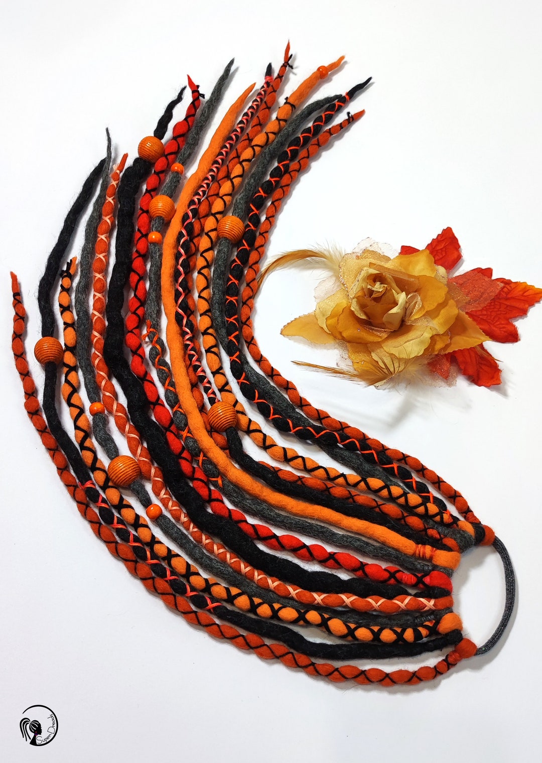 Orange Black Grey Wool Dreadlock Ponytail, Merino Dread Hairpiece ...